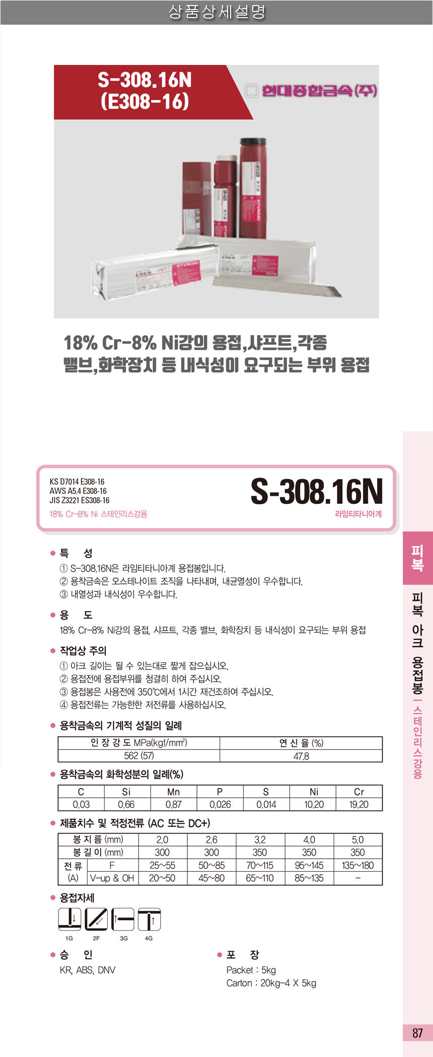 [현대용접봉] S-308.16N (E308-16) 피복아크 용접봉 3.2mm (5kg) - 우리비즈몰