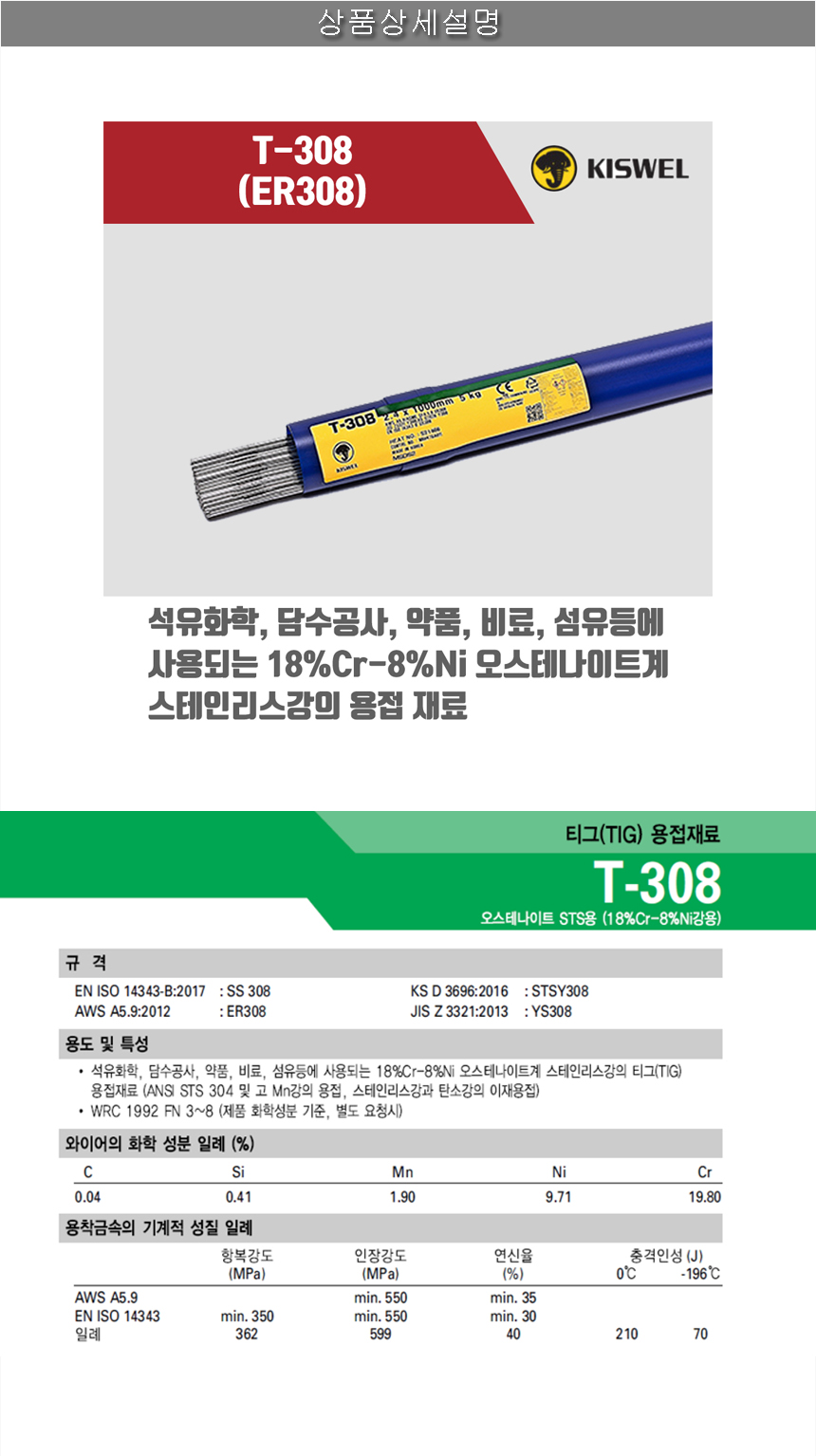 [고려용접봉] T-308 (ER308) 알곤 티그(Tig)용접봉 T308 1.2, 1.6, 2.0, 2.4, 3.2, 4.0mm (5kg) - 우리비즈몰
