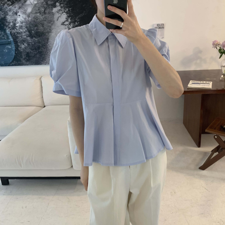 루어스룸 타미 퍼프 뒷주름 플리츠 셔츠 셔링 반팔 카라넥 언발 플리츠 퍼프 블라우스4color