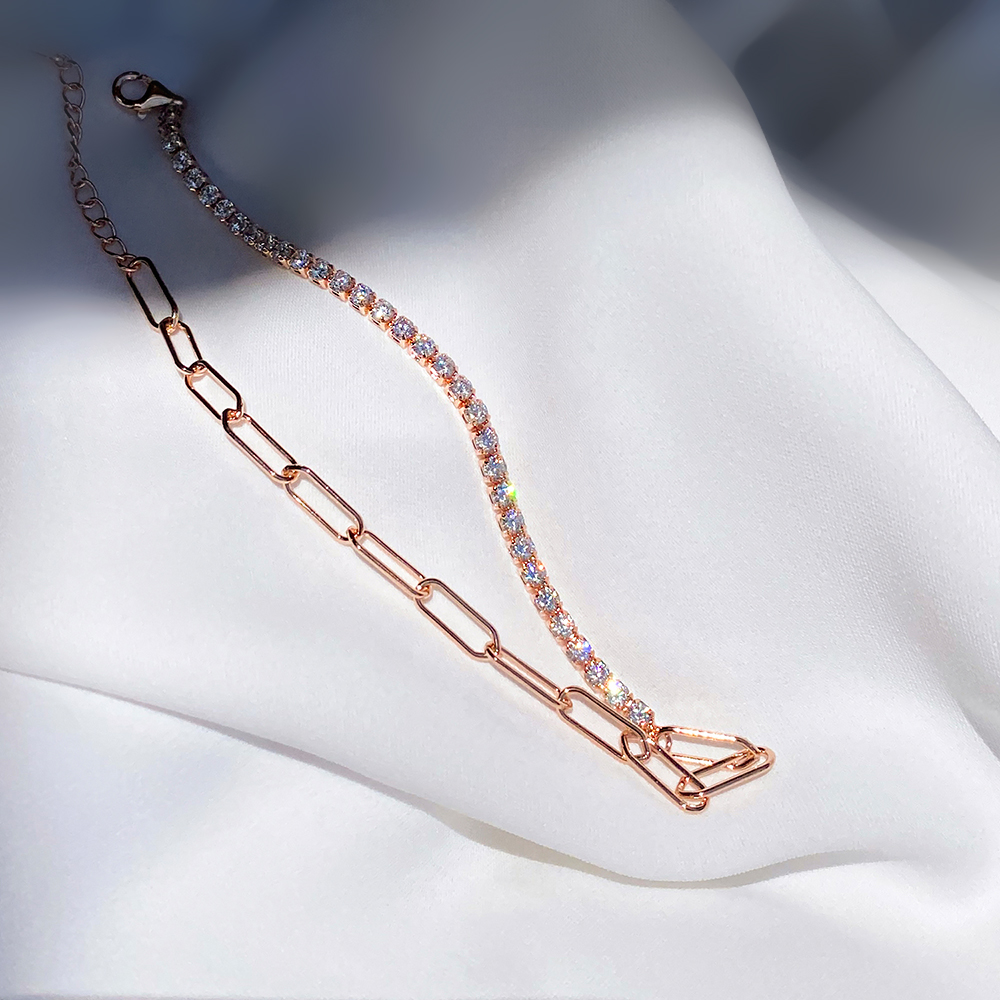 (무배/실버925) 14k 로즈골드 테니스 큐빅 & 사각 체인 믹스 은발찌