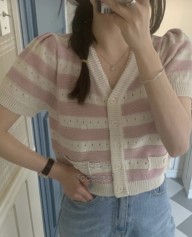 [곤색당일]프리러브 배색 린넨 가디건 (2col) freelove 단가라 반팔니트