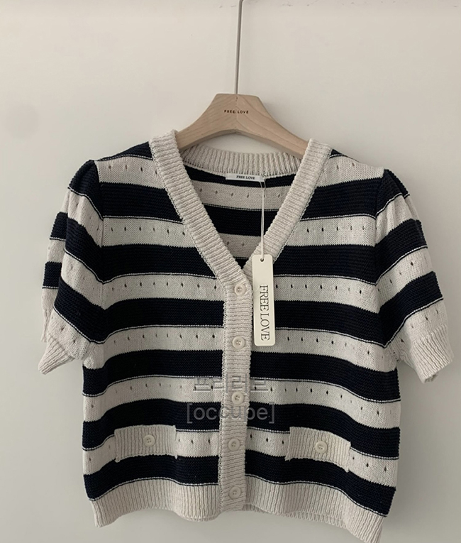 [곤색당일]프리러브 배색 린넨 가디건 (2col) freelove 단가라 반팔니트