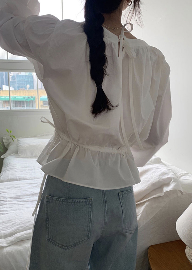 멜라운지 셔링 더블 끈 블라우스 (2col) mellounge 리본블라우스