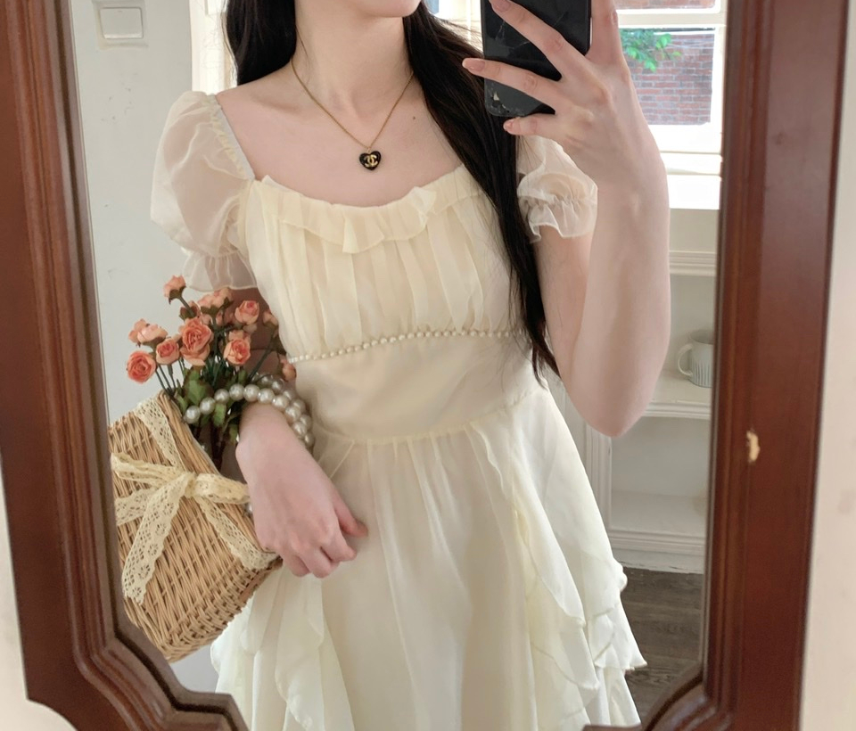 프린세스2 여름 스퀘어 프릴 시스루 쉬폰 롱 원피스 유럽풍 봄 벚꽃 피크닉 나들이 셀프웨딩 여신 쉬폰원피스