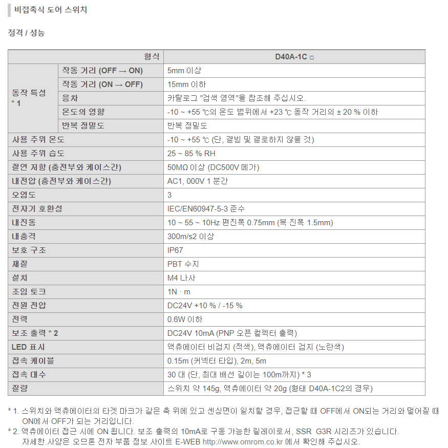 [신품] 오므론 D40A-1C2 비접촉 도어스위치 OMRON - 전장제어닷컴