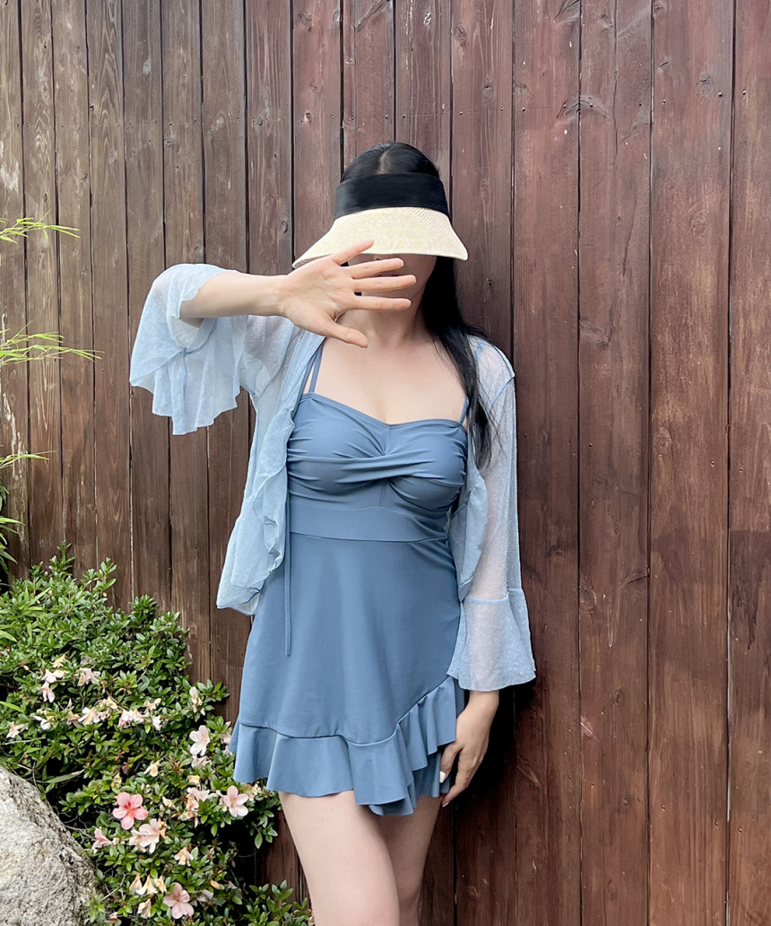 💘M-2XL 빅사이즈 프릴 시스루 비치 가디건 스퀘어넥 끈나시 래쉬가드 원피스 수영복 세트