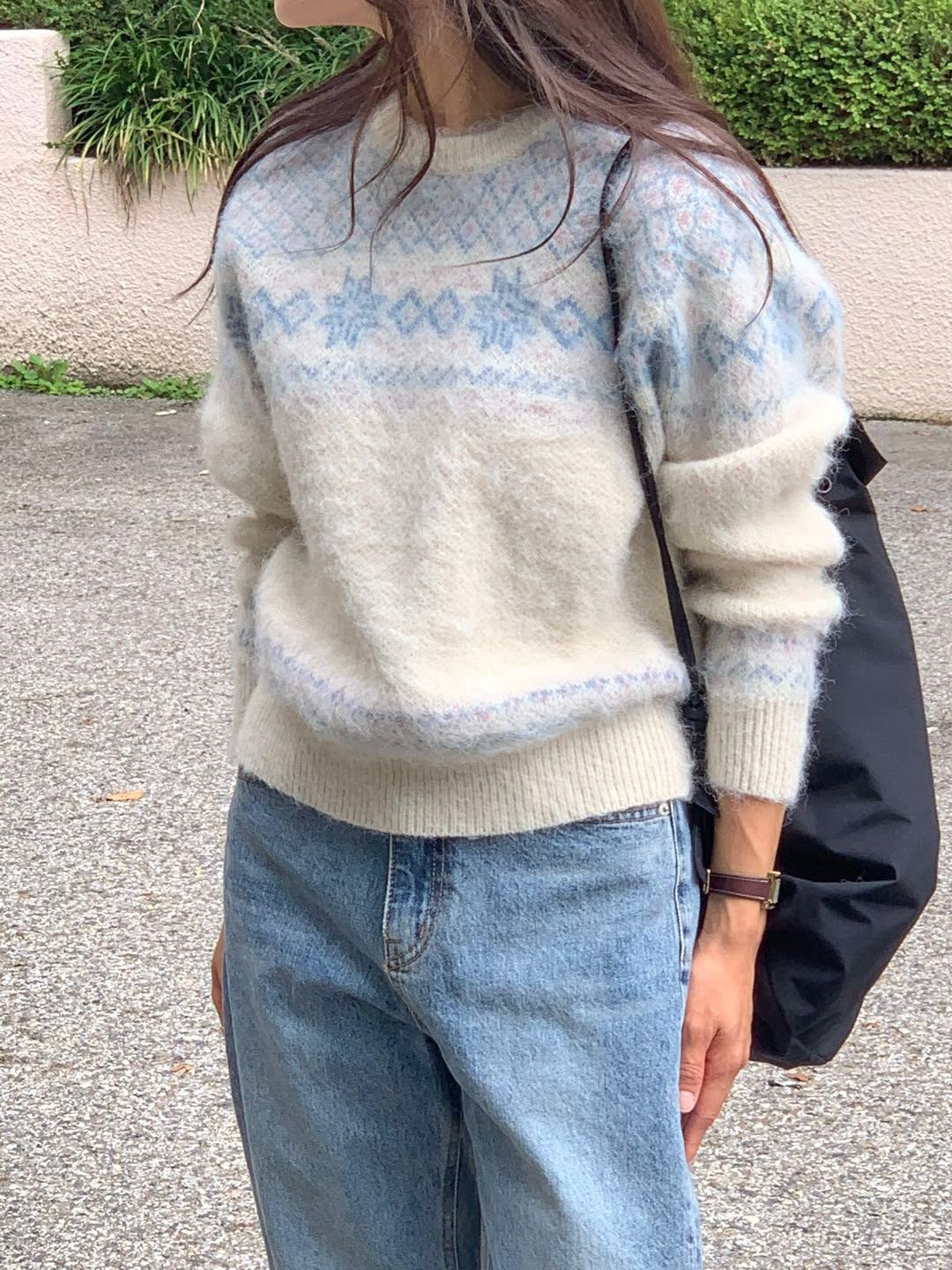 버베인 올슨 빈티지 자가드 니트 울 긴팔 라운드 눈꽃 nt (3col)