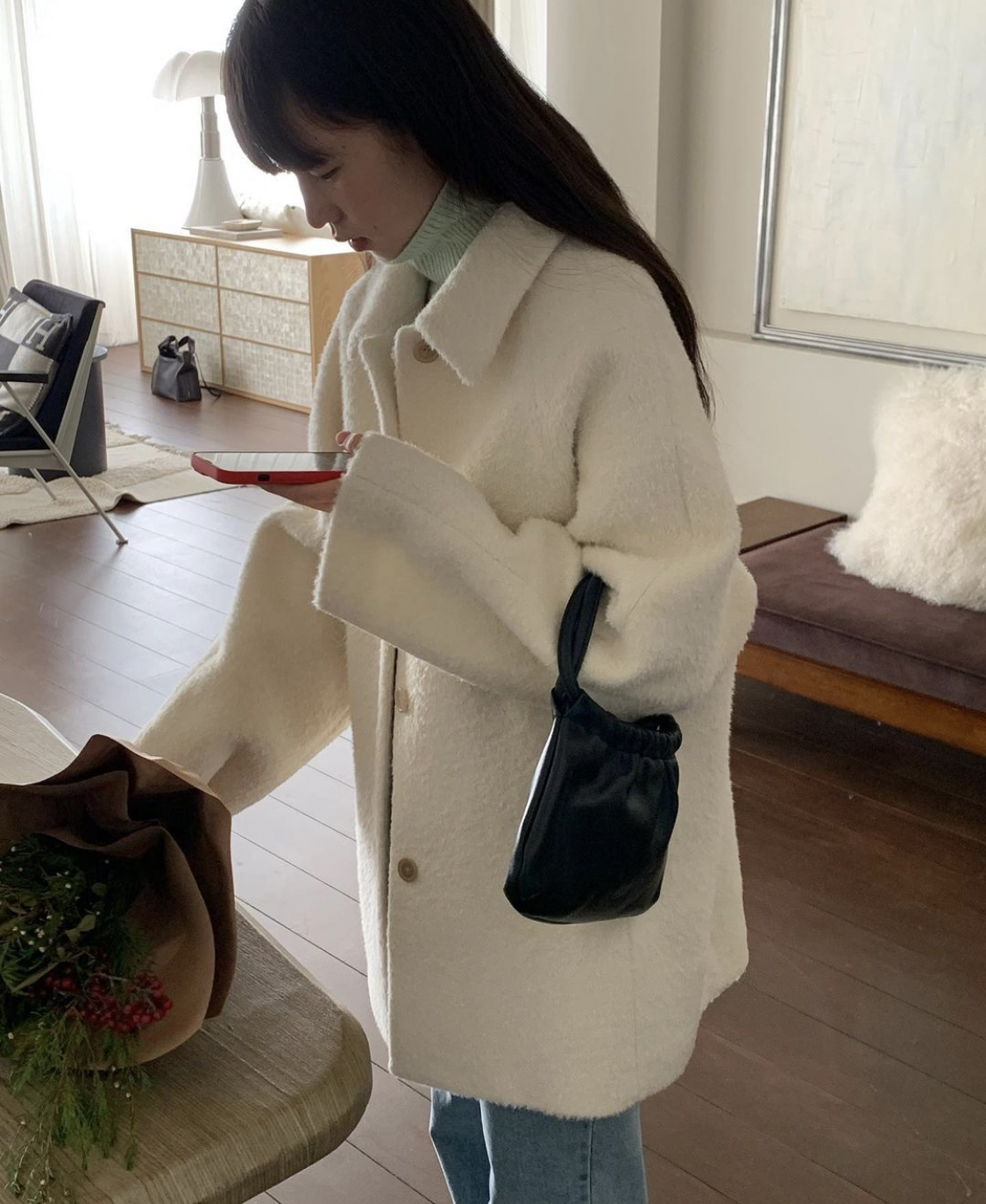 나우어데이즈 jinsim 진심 밀란 수리알파카 래글런 코트 울 카라 싱글 하프 ct (2col)