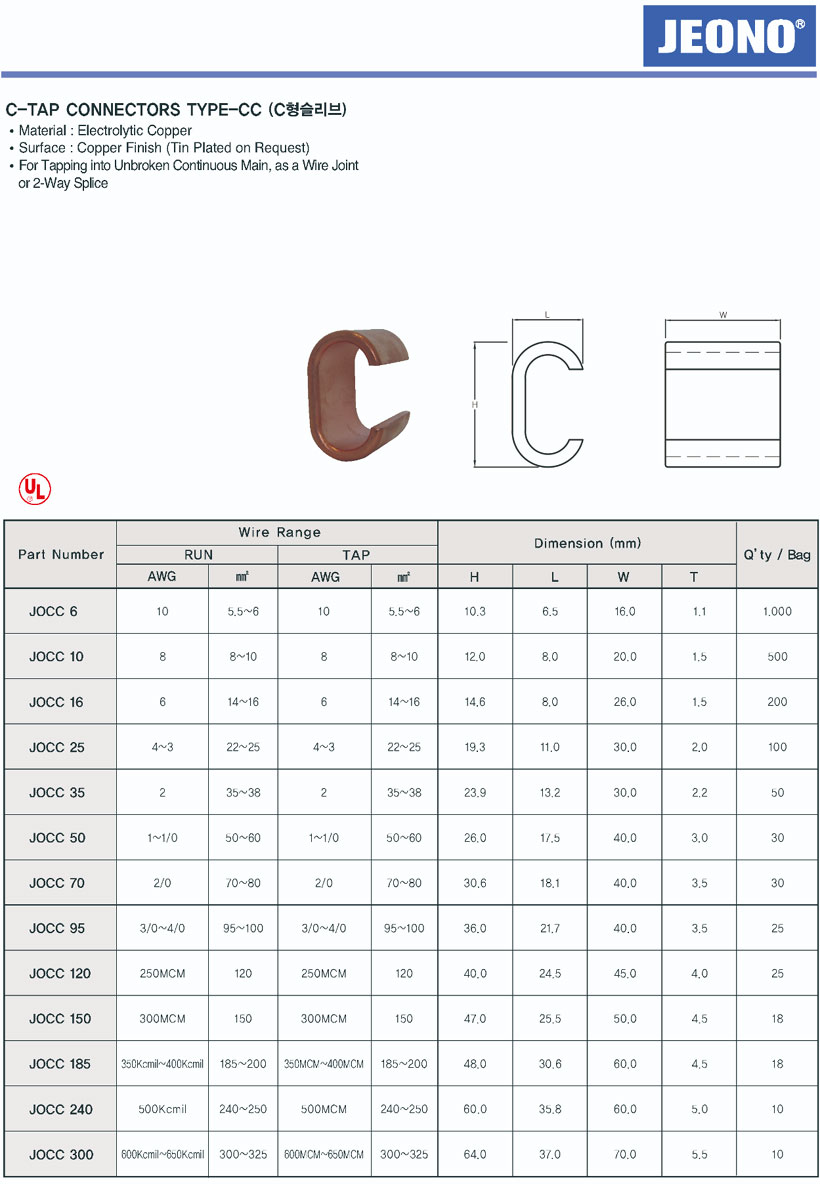 C형 슬리브 JOCC 240 250SQ 전선결속용 전오 - 현민전기전자