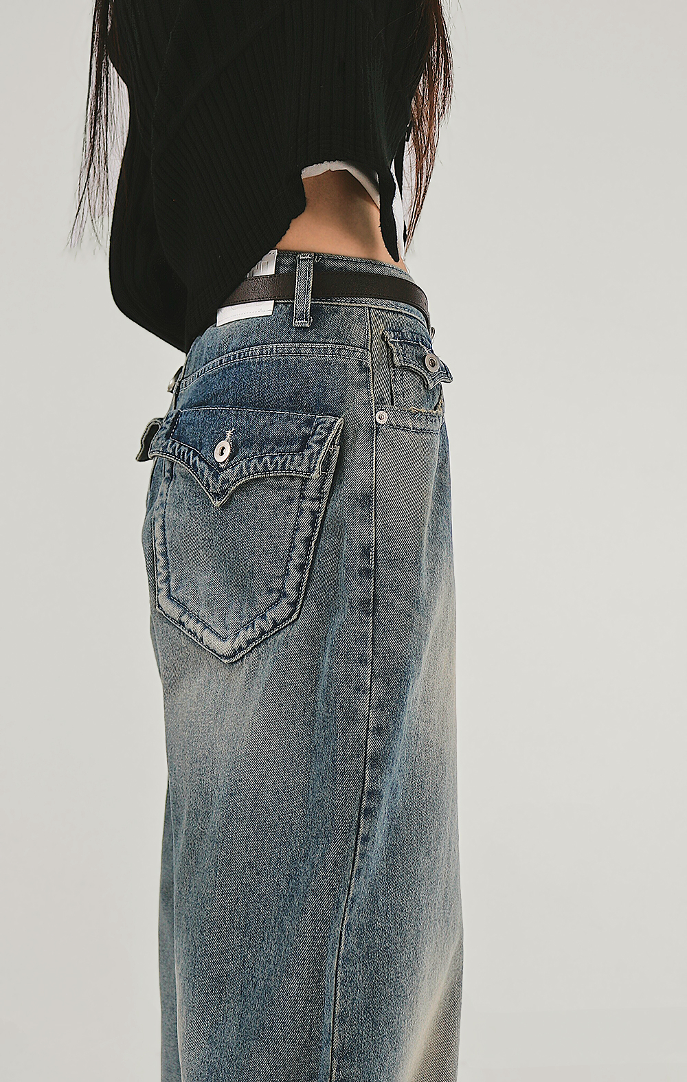 시크윈 [블랙컬러추가] TRUE STITCH POCKET HIP WASHING WIDE DENIM JEANS 트루 스티치 포켓 ...