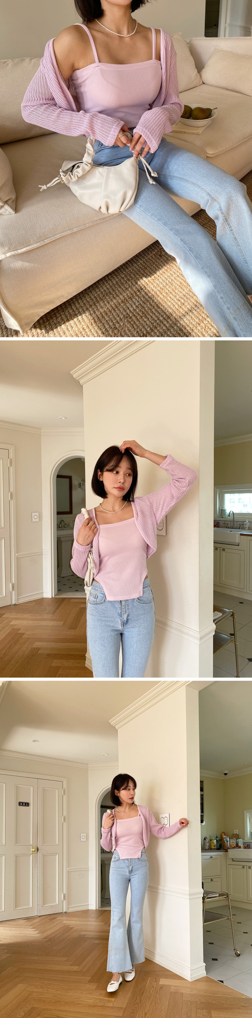 [무료배송]3컬러 봄 여성 볼레로 니트 가디건세트 골지 끈나시 크롭 가디건 숏 언발 여자 여름 카디건(44,55,66)라벤더 ...