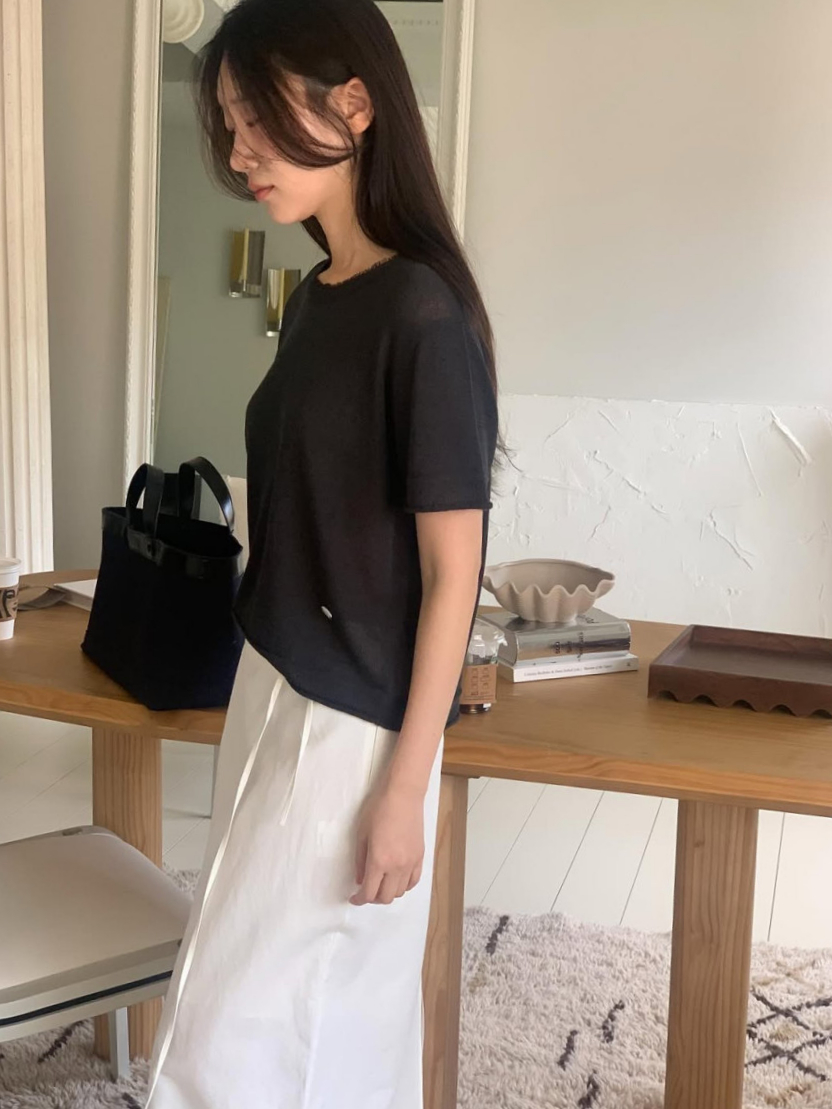 JINSIM 진심 미스트 썸머 시스루 라운드 크롭 반팔 니트 4color - 유이르무이